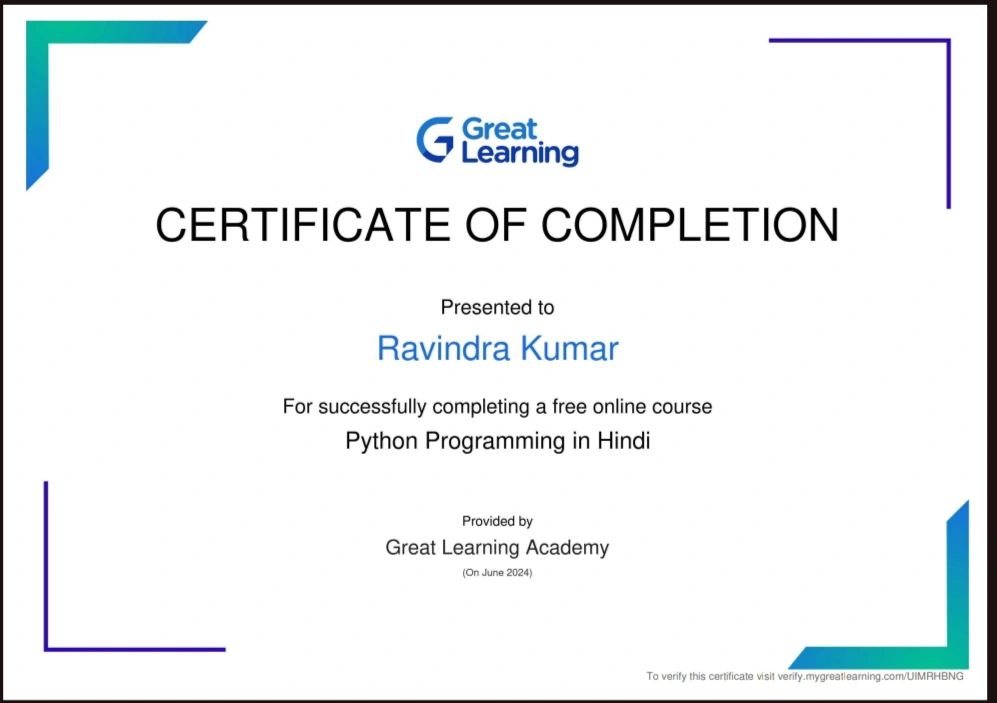Ravindra kumar Niraniya on LinkedIn: I got certificate in python ... Ravindra kumar Niraniya on LinkedIn: I got certificate in python ...