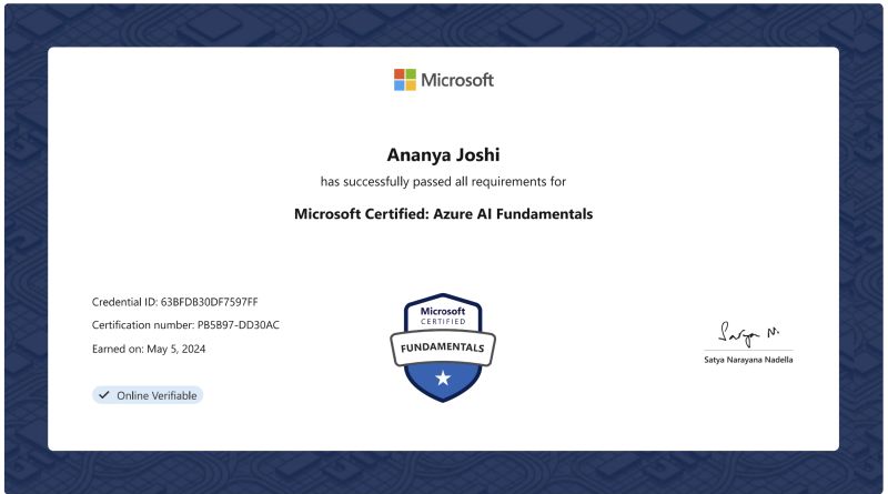 Ananya Joshi on LinkedIn: #azure #ai #ai900 #certification #learning Ananya Joshi on LinkedIn: #azure #ai #ai900 #certification #learning