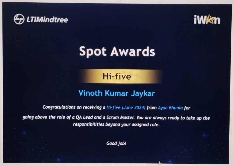 VINOTH KUMAR JAYKAR on LinkedIn: Happy to receive a spot award from ... VINOTH KUMAR JAYKAR on LinkedIn: Happy to receive a spot award from ...