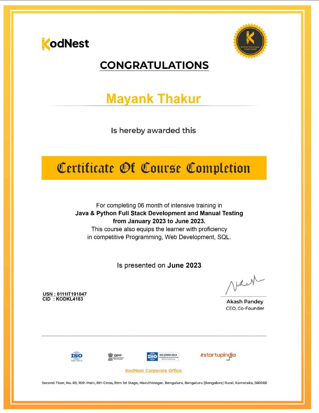 Mayank Thakur on LinkedIn: Successfully completed training on Full ... Mayank Thakur on LinkedIn: Successfully completed training on Full ...