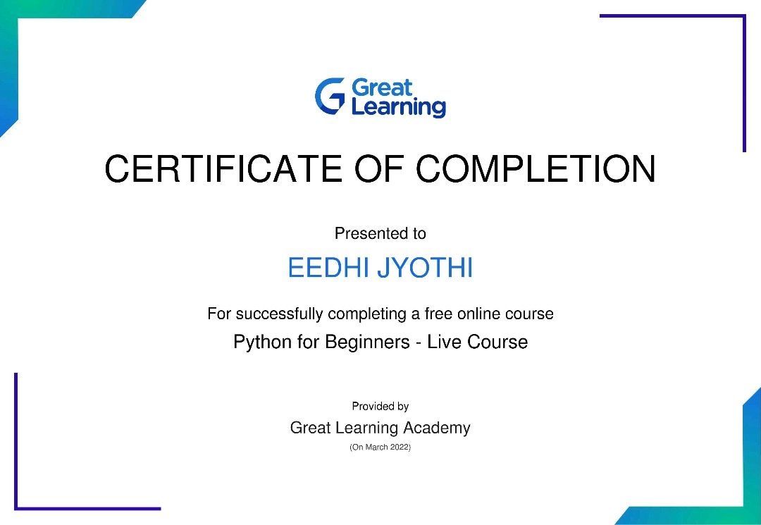 Jyothi Eedhi on LinkedIn: Successfully completed Python Course in Great ... Jyothi Eedhi on LinkedIn: Successfully completed Python Course in Great ...