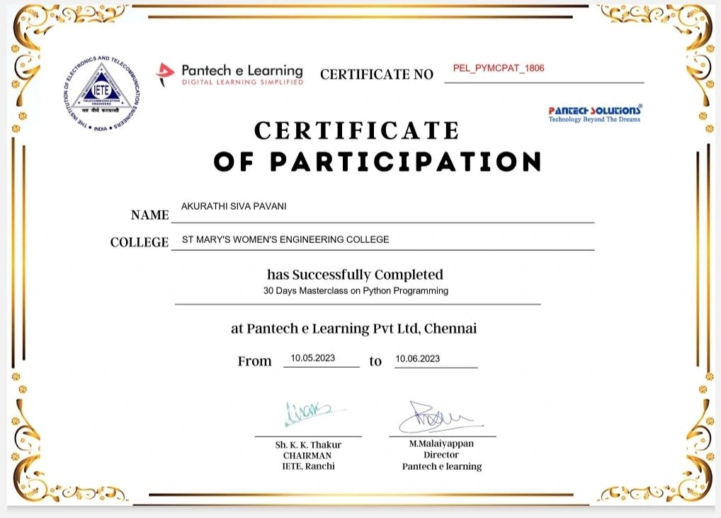 Akurathi Siva Pavani on LinkedIn: done 30 days master class on python ... Akurathi Siva Pavani on LinkedIn: done 30 days master class on python ...