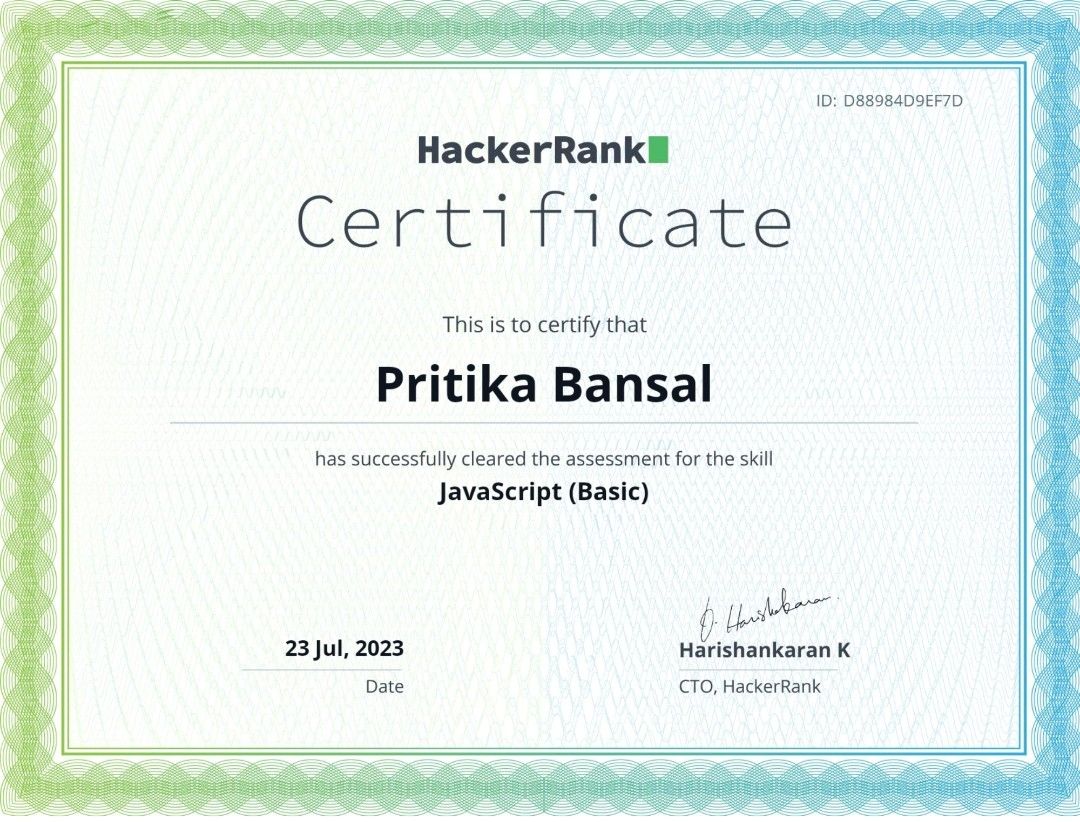 Pritika Bansal on LinkedIn: #connections #hackerrank #javascript # ... Pritika Bansal on LinkedIn: #connections #hackerrank #javascript # ...