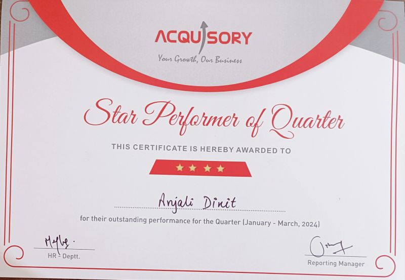 Anjali Dixit on LinkedIn: #starperformer #teamwork #gratitude #acquisory Anjali Dixit on LinkedIn: #starperformer #teamwork #gratitude #acquisory