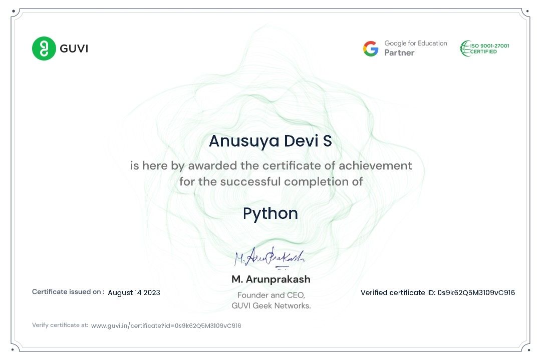 Anushya Sakthivel on LinkedIn: #python #guvi #certification # ... Anushya Sakthivel on LinkedIn: #python #guvi #certification # ...