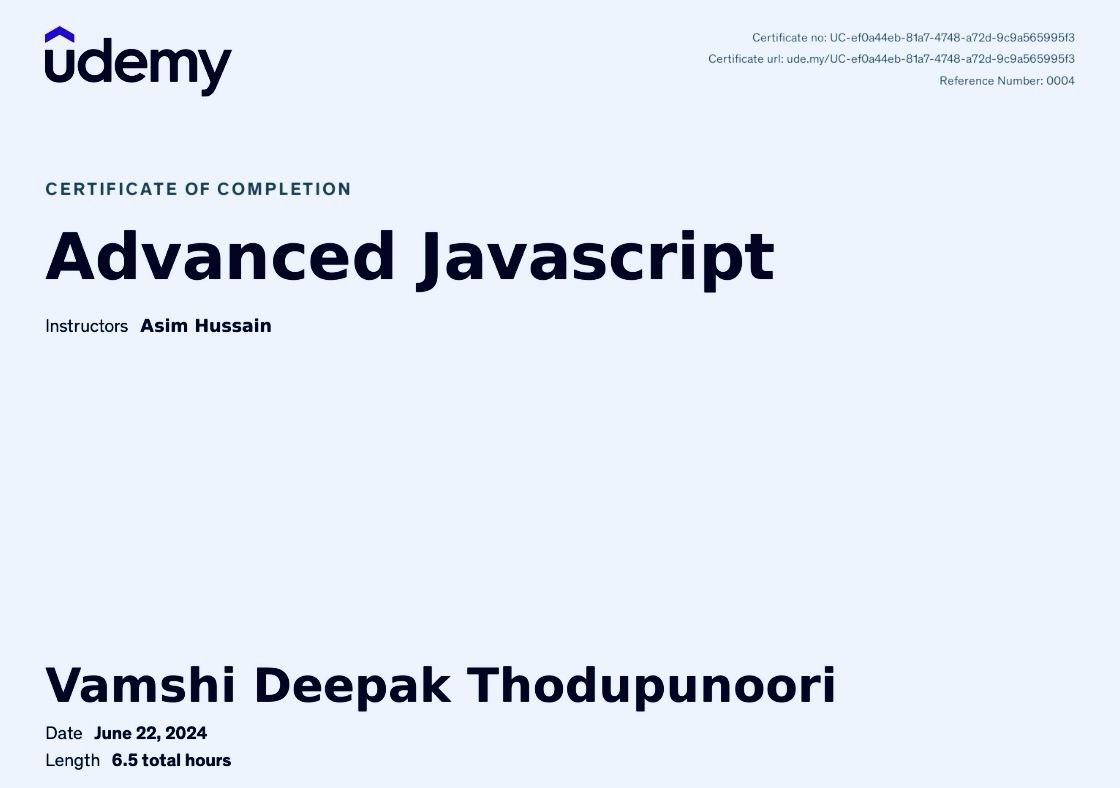 Vamshi Deepak Thodupunoori on LinkedIn: #cognizant #javascript #udemy Vamshi Deepak Thodupunoori on LinkedIn: #cognizant #javascript #udemy