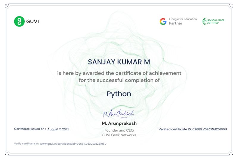 Sanjay Kumar M on LinkedIn: #python #guvi #programming #pythoncoding Sanjay Kumar M on LinkedIn: #python #guvi #programming #pythoncoding