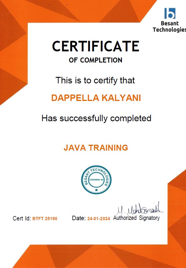 Dappella Kalyani on LinkedIn: I have successfully completed my java ... Dappella Kalyani on LinkedIn: I have successfully completed my java ...