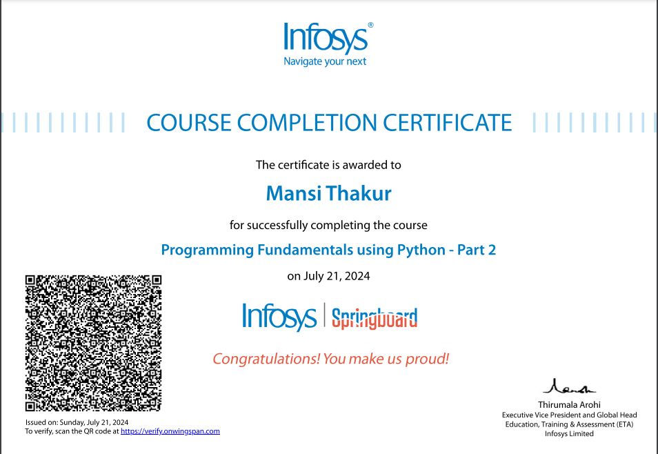 Mansi Thakur on LinkedIn: #infosys #pythonprogramming #programming Mansi Thakur on LinkedIn: #infosys #pythonprogramming #programming