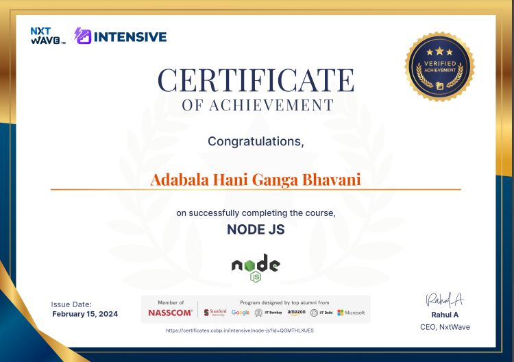 Adabala Hani ganga bhavani on LinkedIn: #ccbp #nxtwave #nodejs # ... Adabala Hani ganga bhavani on LinkedIn: #ccbp #nxtwave #nodejs # ...