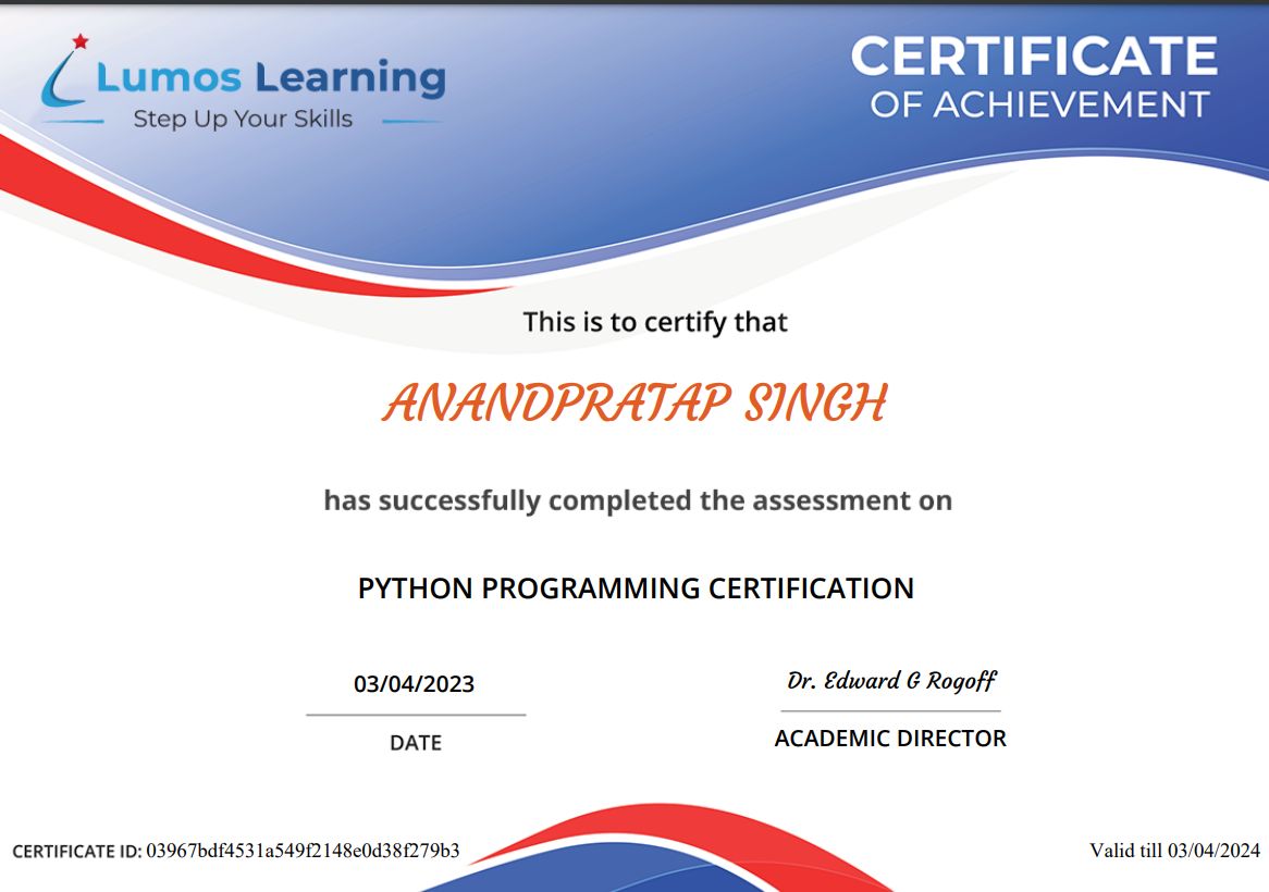 Anand Pratap Singh on LinkedIn: Python Certificate Anand Pratap Singh on LinkedIn: Python Certificate