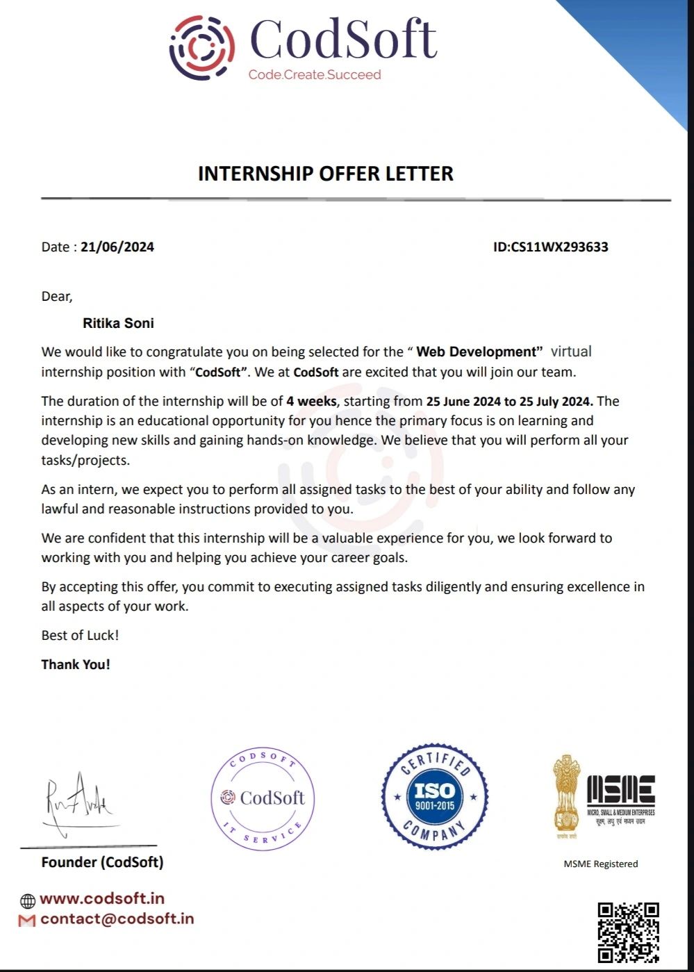 Ritika Soni on LinkedIn: #codsoft #internship #webdevelopment Ritika Soni on LinkedIn: #codsoft #internship #webdevelopment