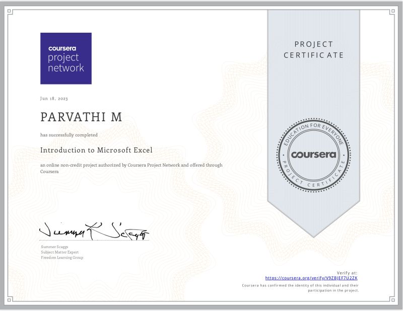 PARVATHI M on LinkedIn: #coursera #excel PARVATHI M on LinkedIn: #coursera #excel
