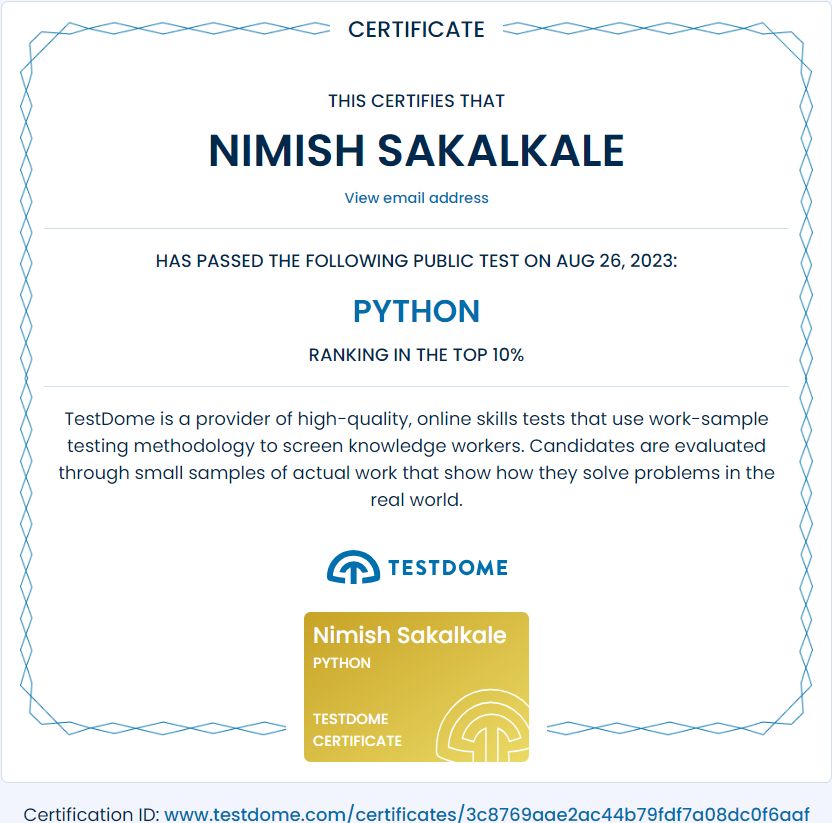 Nimish Sakalkale on LinkedIn: 🚀 Successfully earned the TechDome Python ... Nimish Sakalkale on LinkedIn: 🚀 Successfully earned the TechDome Python ...