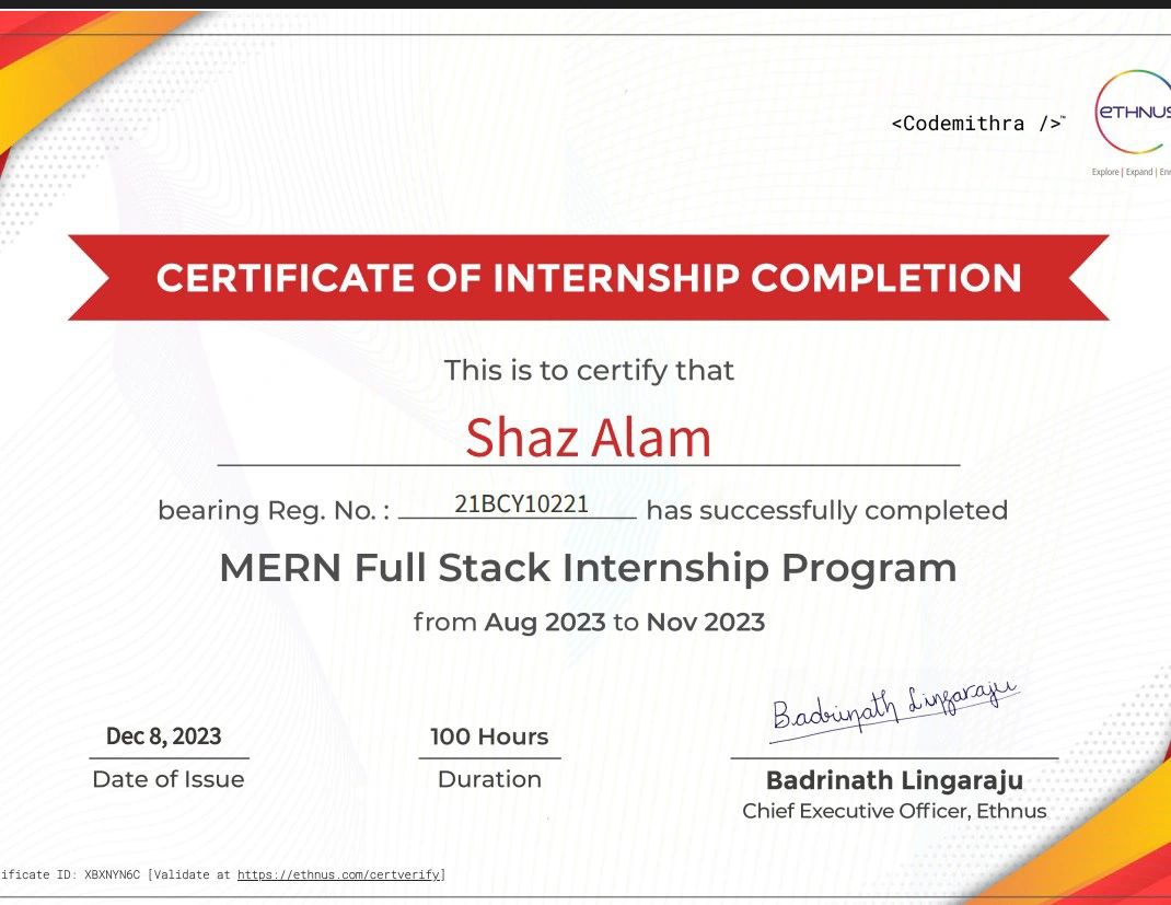 Shaz Alam on LinkedIn: #mernstack #internshipcompletion #ethnus # ... Shaz Alam on LinkedIn: #mernstack #internshipcompletion #ethnus # ...