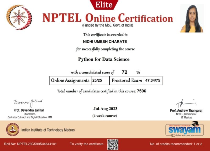 Earned Elite Certification in Python for Data Science | Nidhi Charate ... Earned Elite Certification in Python for Data Science | Nidhi Charate ...