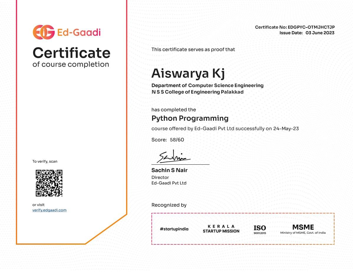 Aiswarya KJ on LinkedIn: Python programming course completion certificate Aiswarya KJ on LinkedIn: Python programming course completion certificate