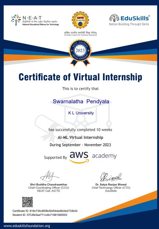 Swarnalatha Pendyala on LinkedIn: #aiml #internship #aicte #aws # ... Swarnalatha Pendyala on LinkedIn: #aiml #internship #aicte #aws # ...