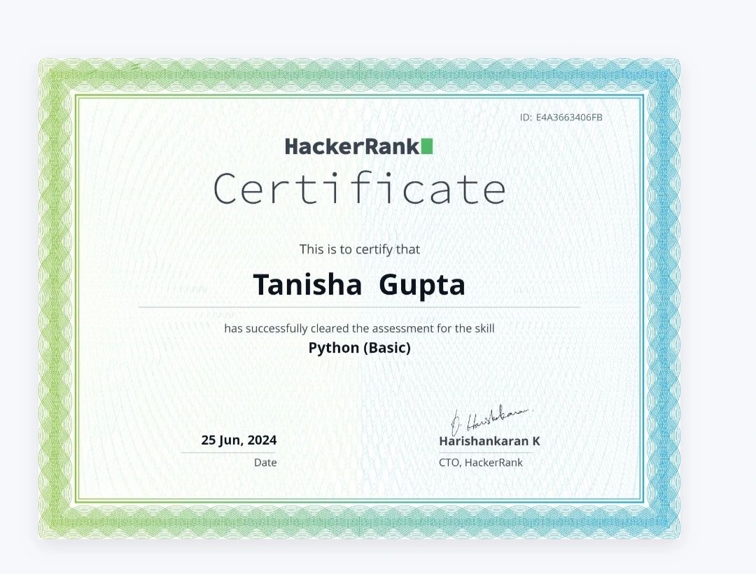 Tanisha Gupta on LinkedIn: #python #certification #hackerrank # ... Tanisha Gupta on LinkedIn: #python #certification #hackerrank # ...