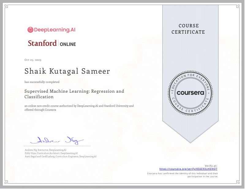 Completed Supervised Machine Learning course | Sameer Shaik Kutagal ... Completed Supervised Machine Learning course | Sameer Shaik Kutagal ...
