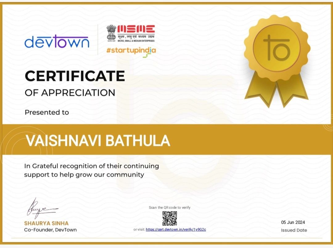 Vaishnavi bathula on LinkedIn: #devtown #appreciation #webdevelopment Vaishnavi bathula on LinkedIn: #devtown #appreciation #webdevelopment