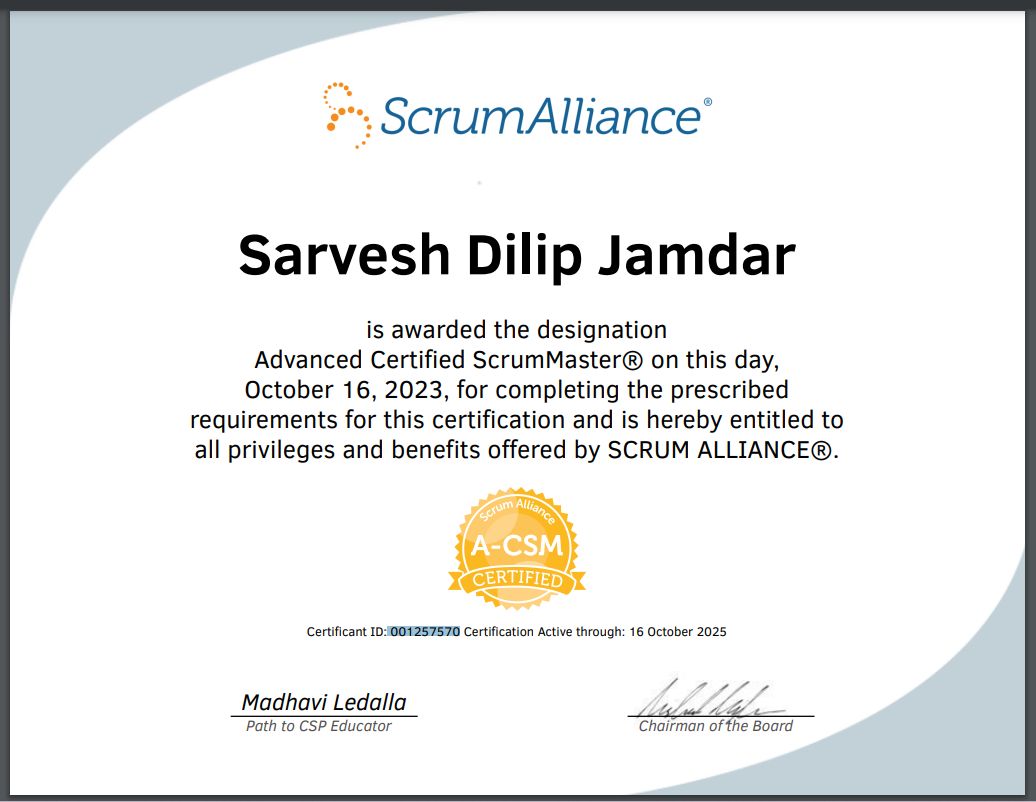 Sarvesh Jamdar , A-CSM, CSM, Certified SAFe® 6 Agilist on LinkedIn ... Sarvesh Jamdar , A-CSM, CSM, Certified SAFe® 6 Agilist on LinkedIn ...