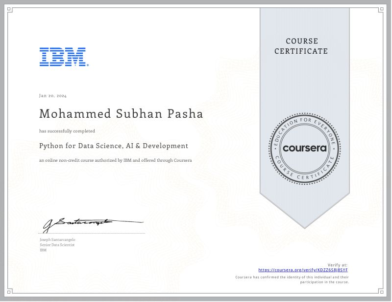 Mohammed Subhan Pasha on LinkedIn: IBM - Python for Data Science, AI ... Mohammed Subhan Pasha on LinkedIn: IBM - Python for Data Science, AI ...