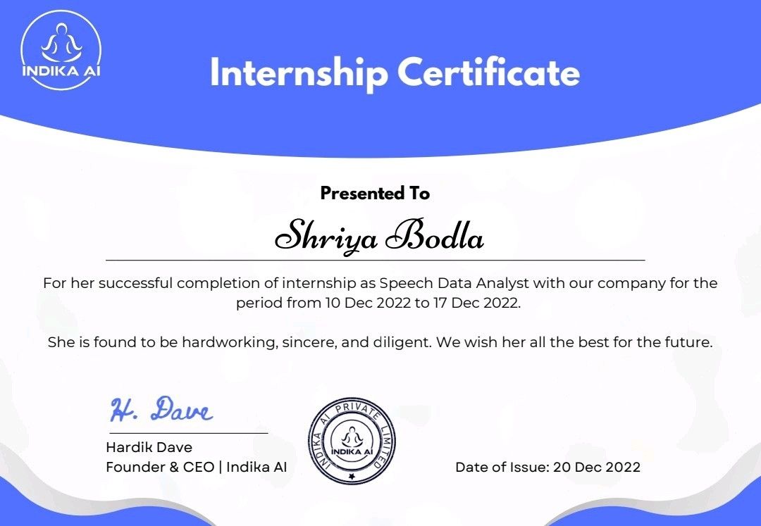 Shriya Bodla on LinkedIn: #internship Shriya Bodla on LinkedIn: #internship
