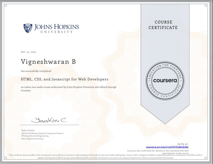 Completed a certificate course in HTML, CSS, and JavaScript | Vignesh ... Completed a certificate course in HTML, CSS, and JavaScript | Vignesh ...
