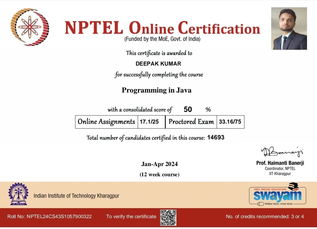 Deepak Kumar on LinkedIn: #java #programming #nptel #continuouslearning Deepak Kumar on LinkedIn: #java #programming #nptel #continuouslearning