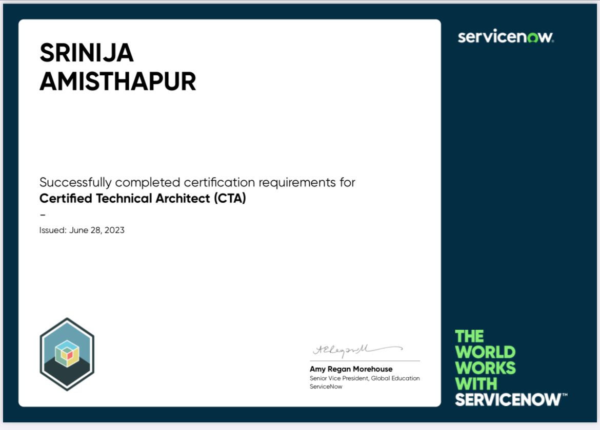 Srinija Amisthapur on LinkedIn: #servicenowcta #technicalarchitect # ... Srinija Amisthapur on LinkedIn: #servicenowcta #technicalarchitect # ...