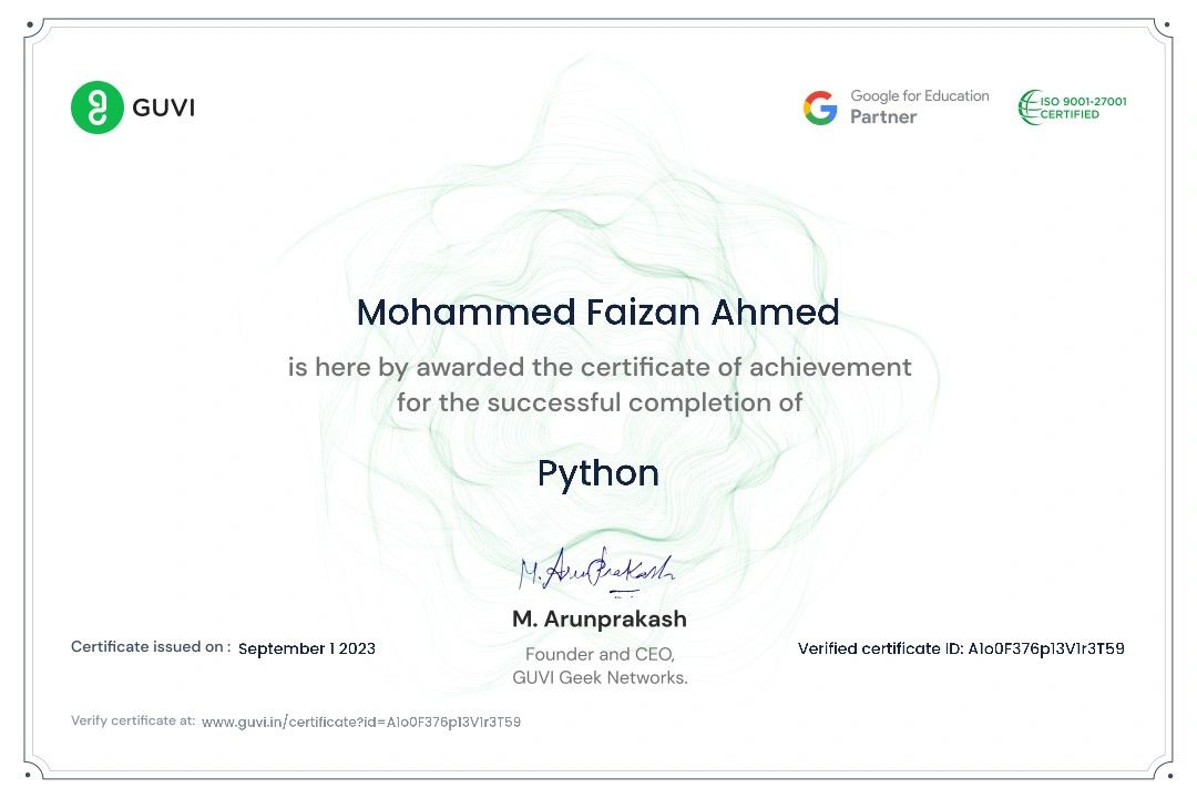 Mohammed Faizan Ahmed on LinkedIn: Completed Python course from GUVI Mohammed Faizan Ahmed on LinkedIn: Completed Python course from GUVI