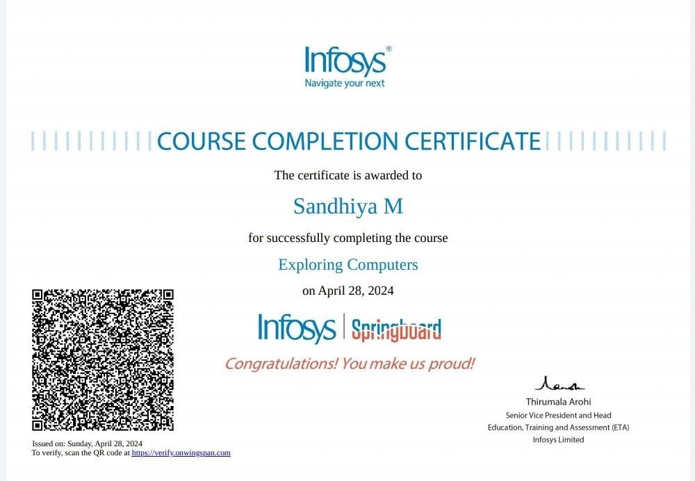 Sandhiya Manikandan on LinkedIn: #infosys #springboard #computingjourney Sandhiya Manikandan on LinkedIn: #infosys #springboard #computingjourney