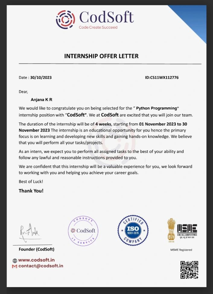 Anjana K R on LinkedIn: #codsoft #internship Anjana K R on LinkedIn: #codsoft #internship