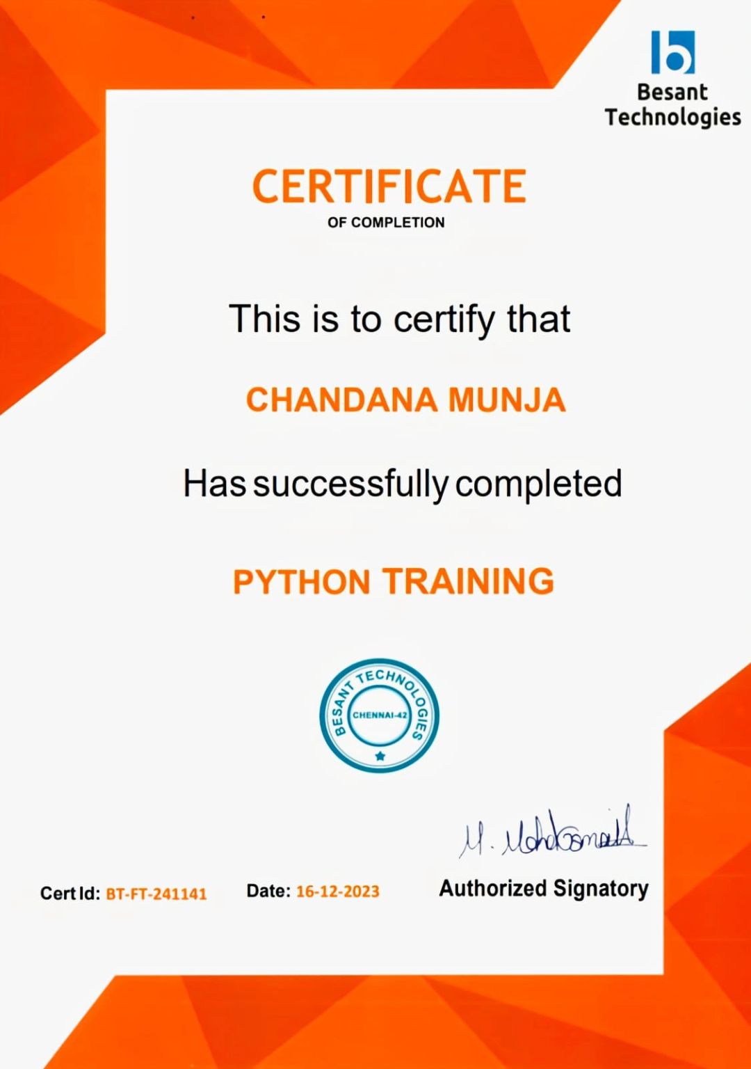 Earned Python Programming Certificate from Besant | Chandana Munja ... Earned Python Programming Certificate from Besant | Chandana Munja ...