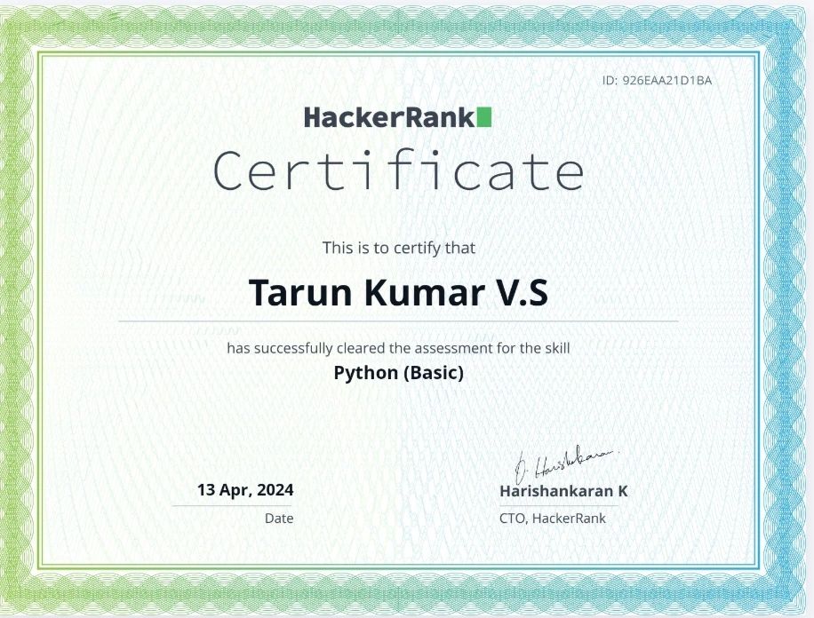 Tarun Kumar V.S on LinkedIn: #hackerrank #python #winner #ssit #certificate Tarun Kumar V.S on LinkedIn: #hackerrank #python #winner #ssit #certificate