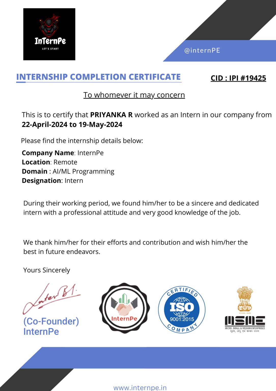 Priyanka R on LinkedIn: Completed the AIML internship in InternPe 🚀 Priyanka R on LinkedIn: Completed the AIML internship in InternPe 🚀