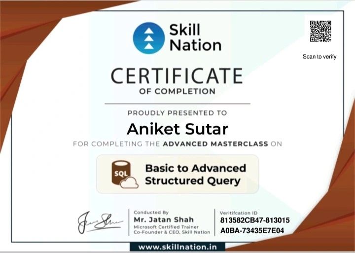 Aniket Sutar on LinkedIn: SQL CERTIFICATE BY SKILL NATION Aniket Sutar on LinkedIn: SQL CERTIFICATE BY SKILL NATION