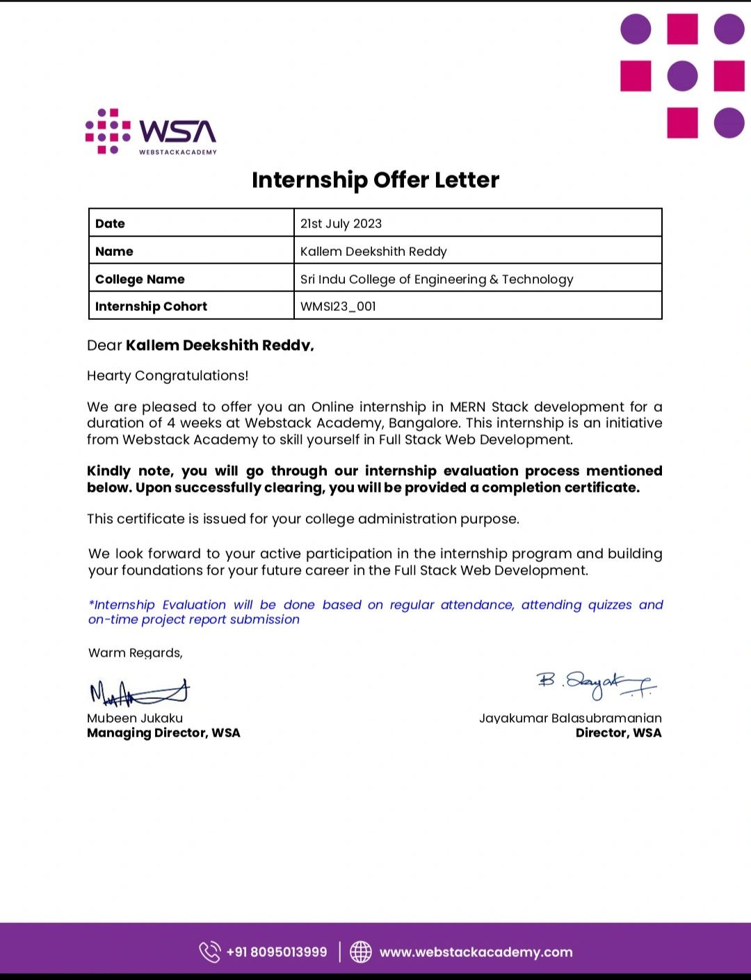 Deekshith Reddy on LinkedIn: #internship Deekshith Reddy on LinkedIn: #internship