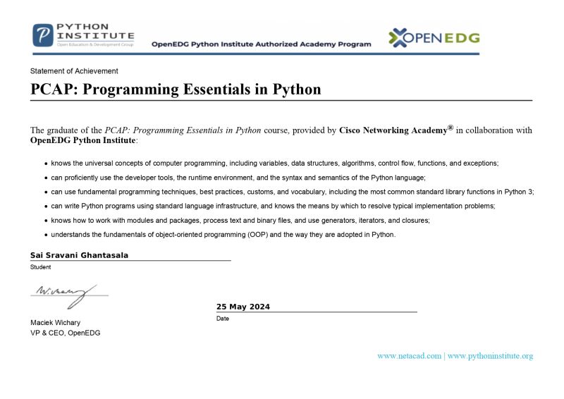 GHANTASALA SAI SRAVANI on LinkedIn: #python #programming #certification ... GHANTASALA SAI SRAVANI on LinkedIn: #python #programming #certification ...