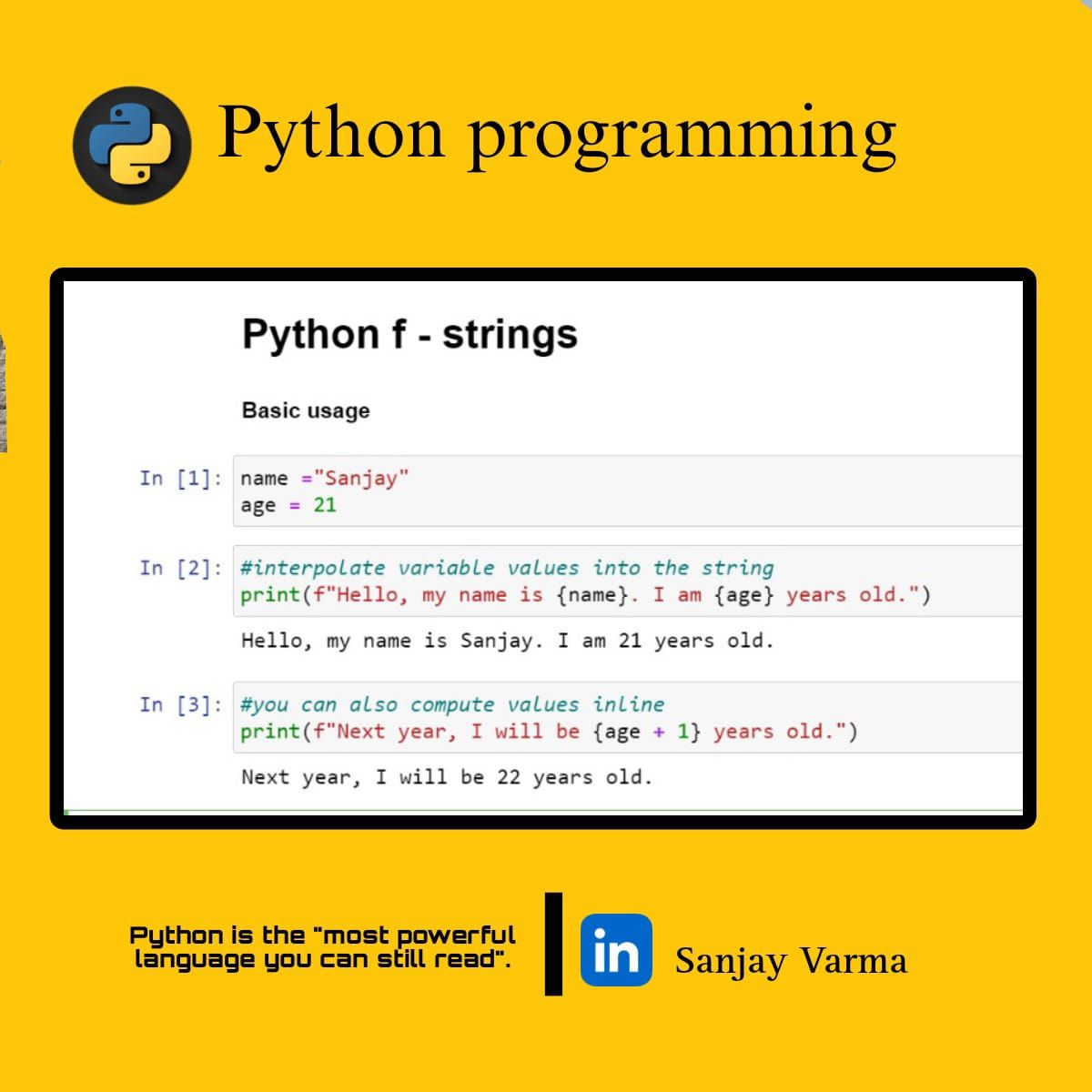 Sanjay Varma on LinkedIn: #pythonprogramming #fstrings #codingsimplicity Sanjay Varma on LinkedIn: #pythonprogramming #fstrings #codingsimplicity