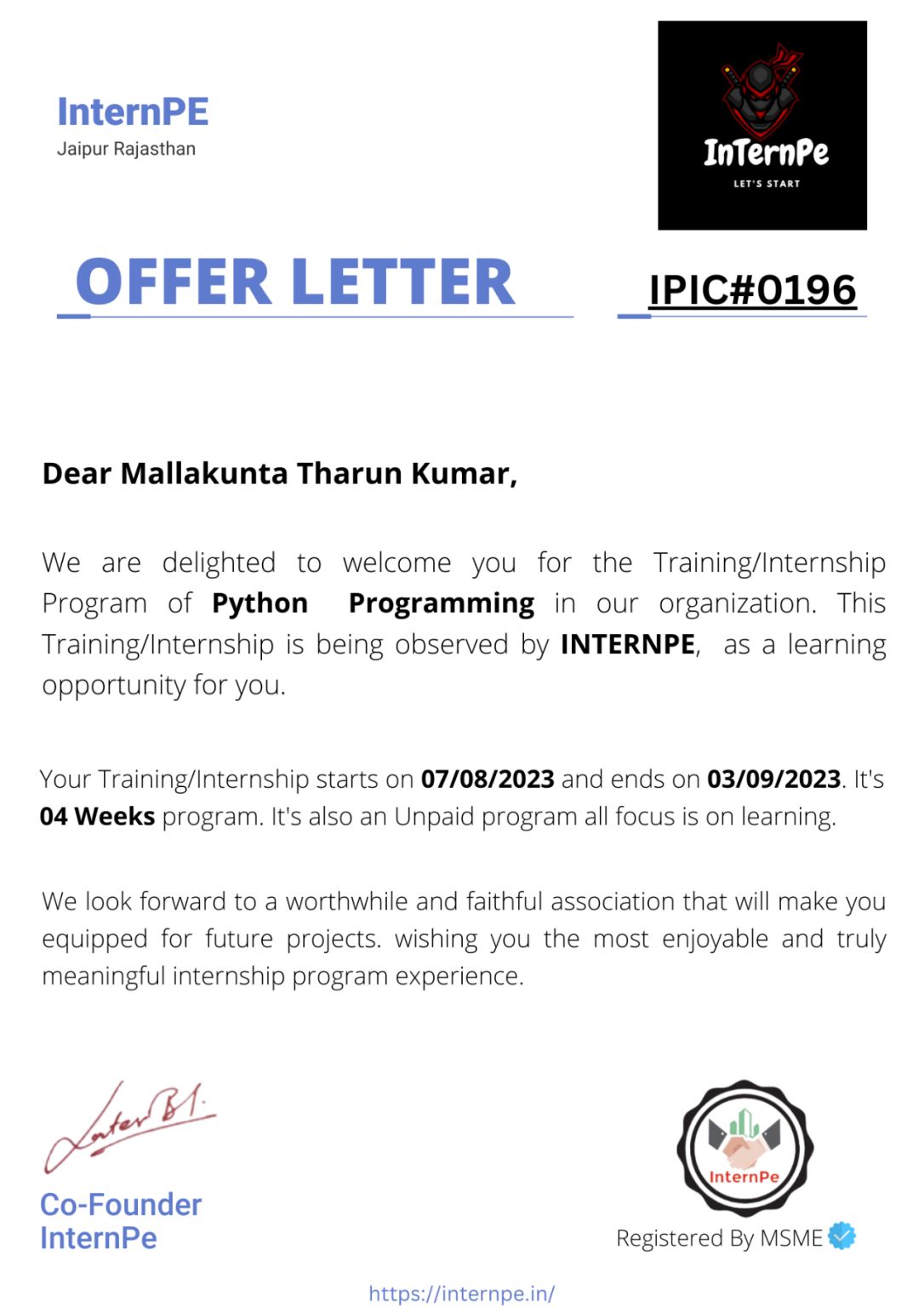 Mallakunta Tharun Kumar on LinkedIn: #internpe #internship # ... Mallakunta Tharun Kumar on LinkedIn: #internpe #internship # ...
