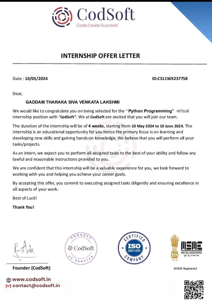 Tharaka siva venkata Lakshmi Gaddam on LinkedIn: #internship #python # ... Tharaka siva venkata Lakshmi Gaddam on LinkedIn: #internship #python # ...