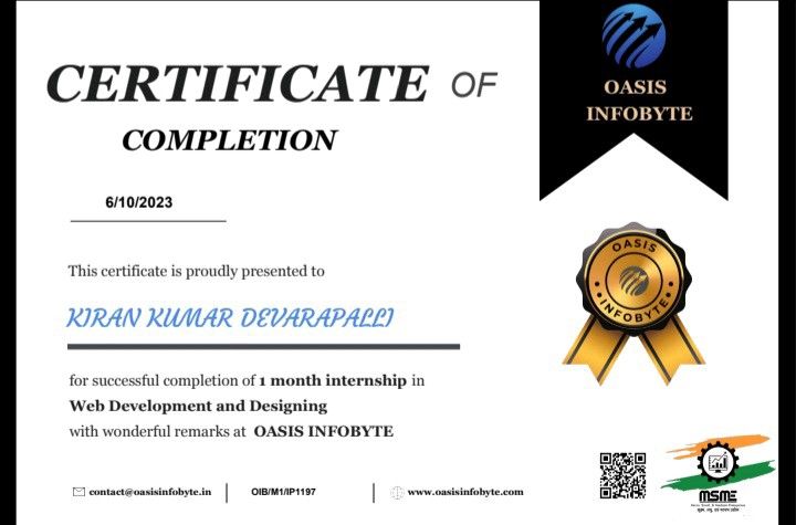 KIRAN KUMAR DEVARAPALLI on LinkedIn: #oasisinfobyte #webdevelopment # ... KIRAN KUMAR DEVARAPALLI on LinkedIn: #oasisinfobyte #webdevelopment # ...