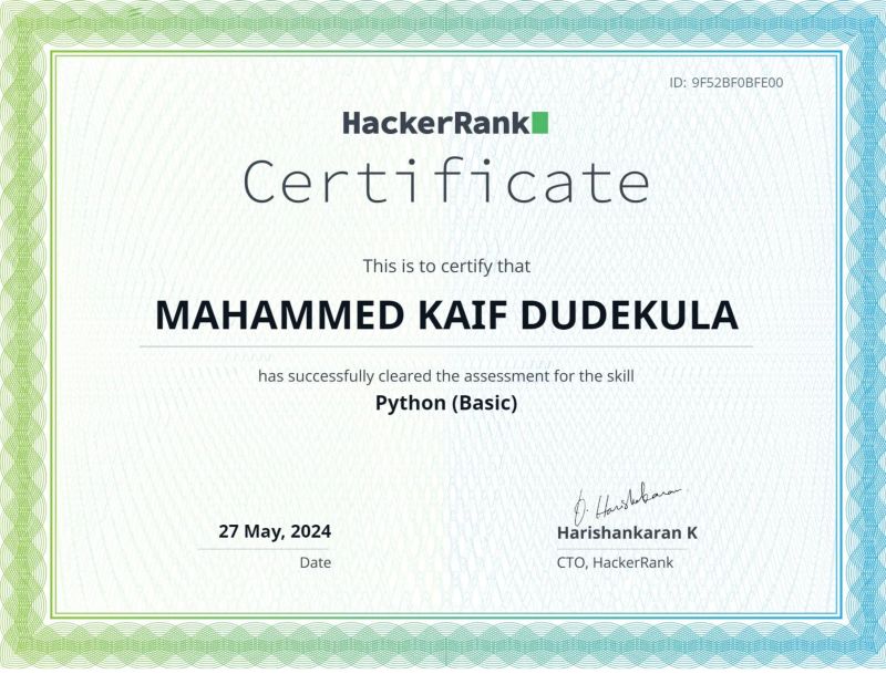 DUDEKULA MAHAMMED KAIF on LinkedIn: #hackerrank DUDEKULA MAHAMMED KAIF on LinkedIn: #hackerrank