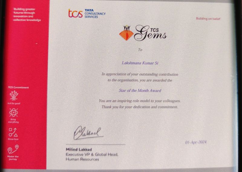 Lakshmana Kumar SI on LinkedIn: Recognized award from TCS 😉 Lakshmana Kumar SI on LinkedIn: Recognized award from TCS 😉