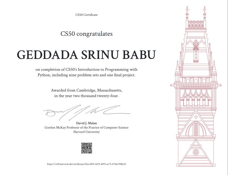 SRINU BABU GEDDADA on LinkedIn: #cs50 #programming #python #harvard # ... SRINU BABU GEDDADA on LinkedIn: #cs50 #programming #python #harvard # ...