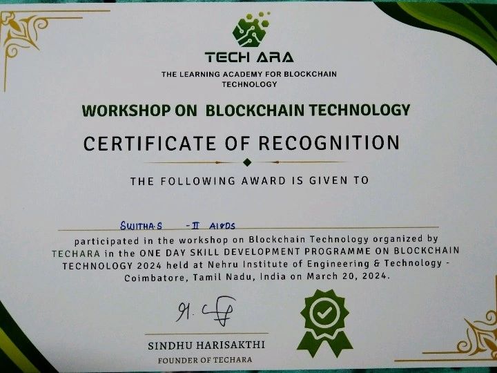Completed blockchain technology workshop by Sindhu Harisakthi | Sujitha ... Completed blockchain technology workshop by Sindhu Harisakthi | Sujitha ...