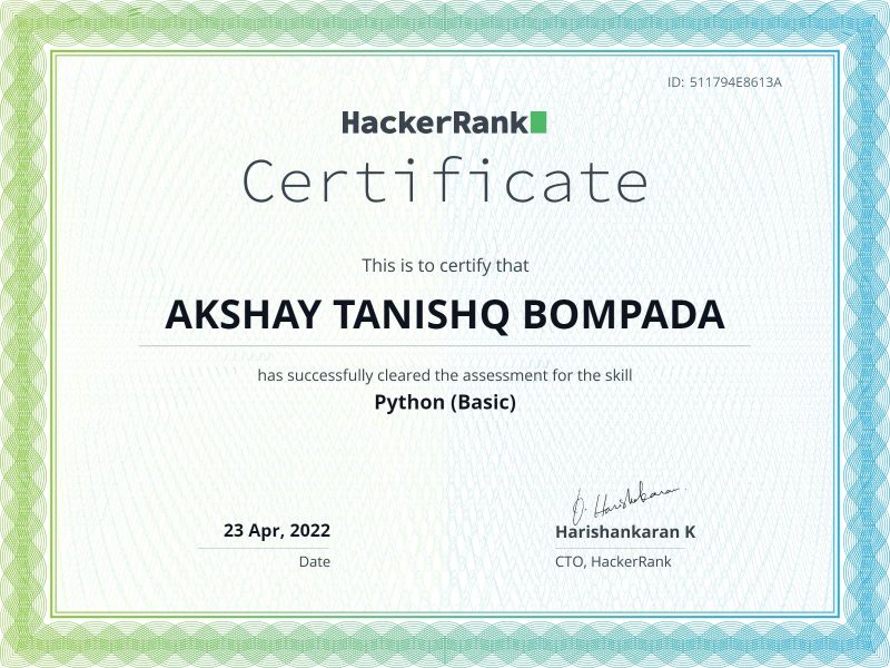 Akshay Tanishq Bompada on LinkedIn: #achievementunlocked #hackerrank # ... Akshay Tanishq Bompada on LinkedIn: #achievementunlocked #hackerrank # ...