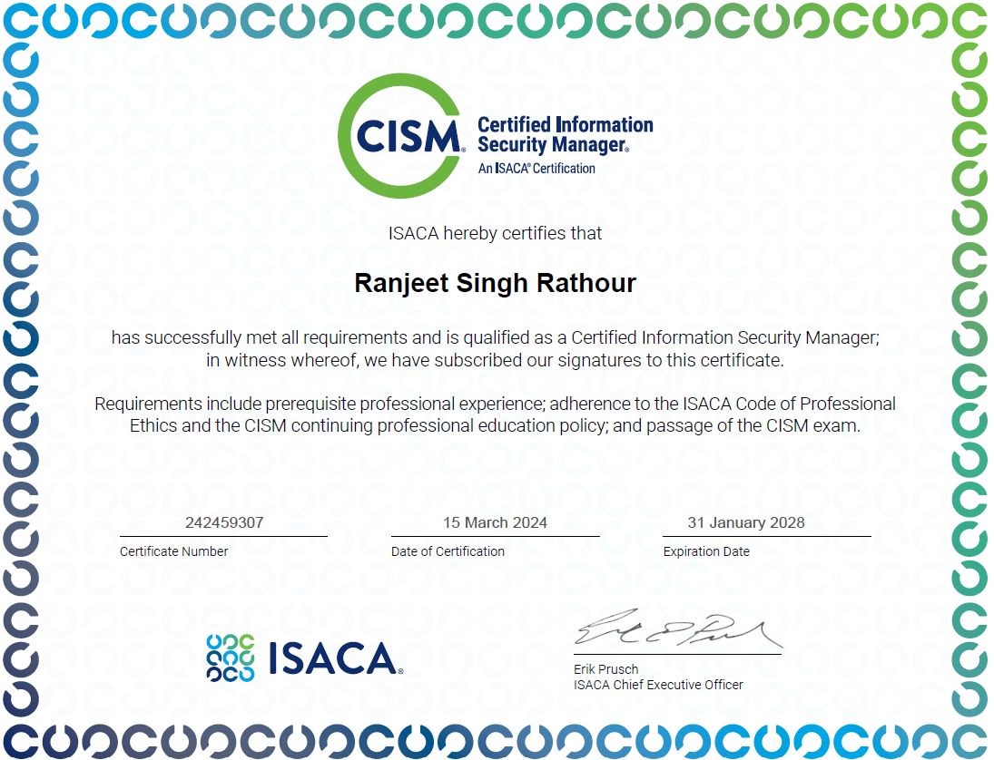 Ranjeet Singh Rathour on LinkedIn: #cism #isaca #infosec Ranjeet Singh Rathour on LinkedIn: #cism #isaca #infosec